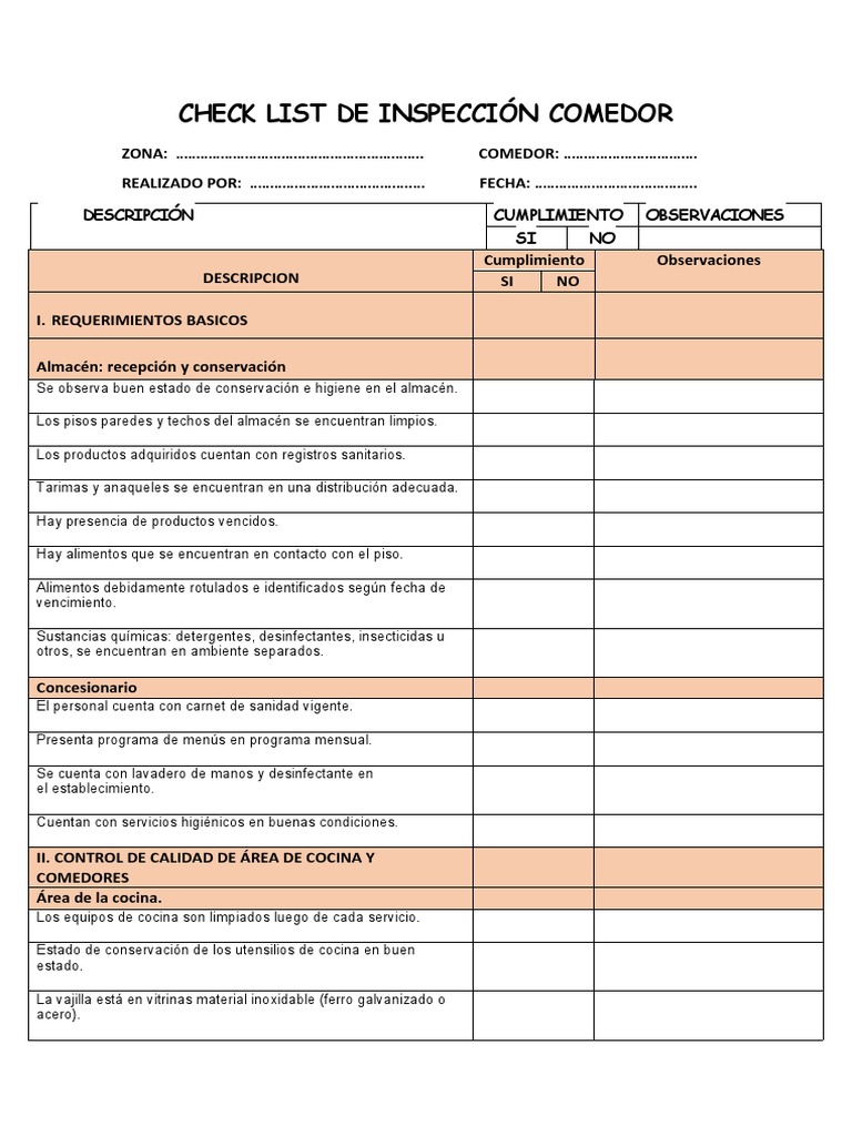 Formato Inspeccion de Comedor | PDF | Cocina | Alimentos