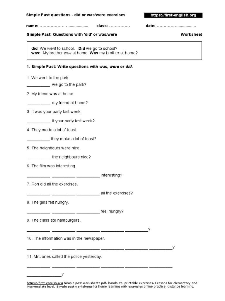 Simple Past Questions - Did or Was/Were Exercises: A Worksheet for ...