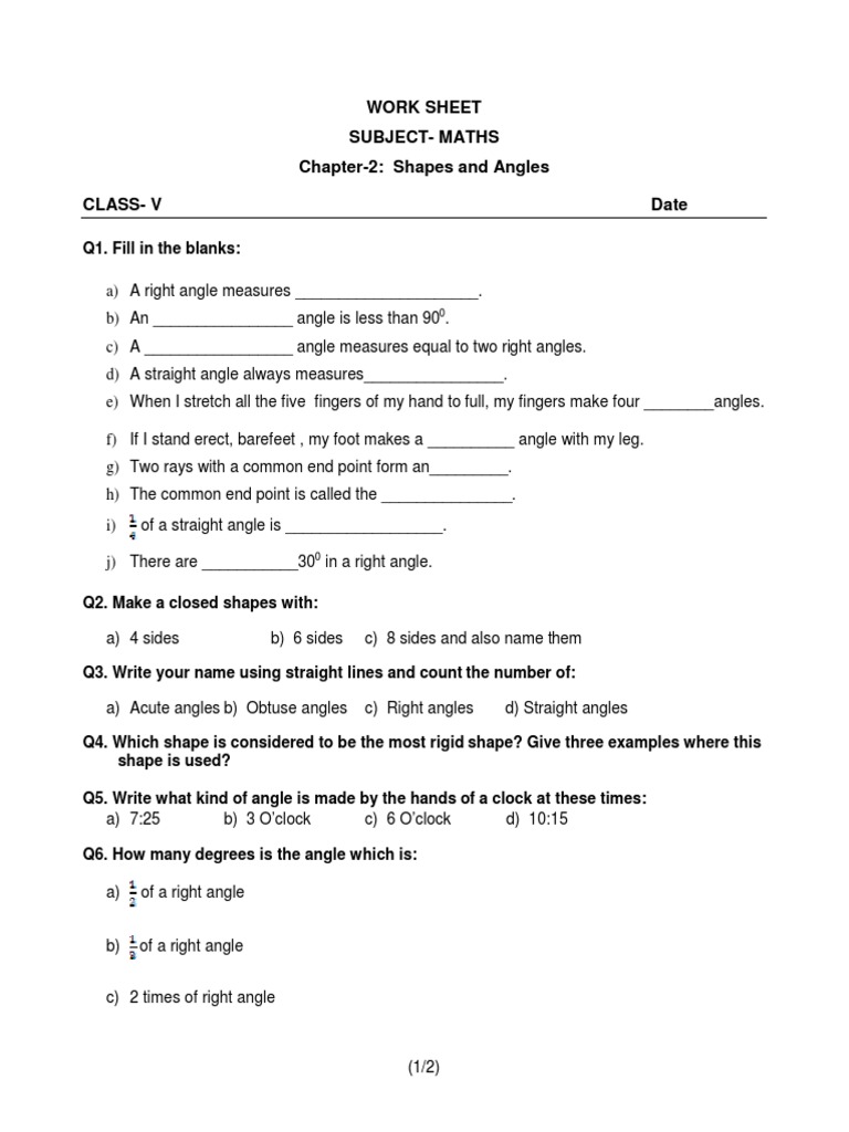 CBSE Class 5 Mathematics Worksheet- Shapes and Angles | PDF
