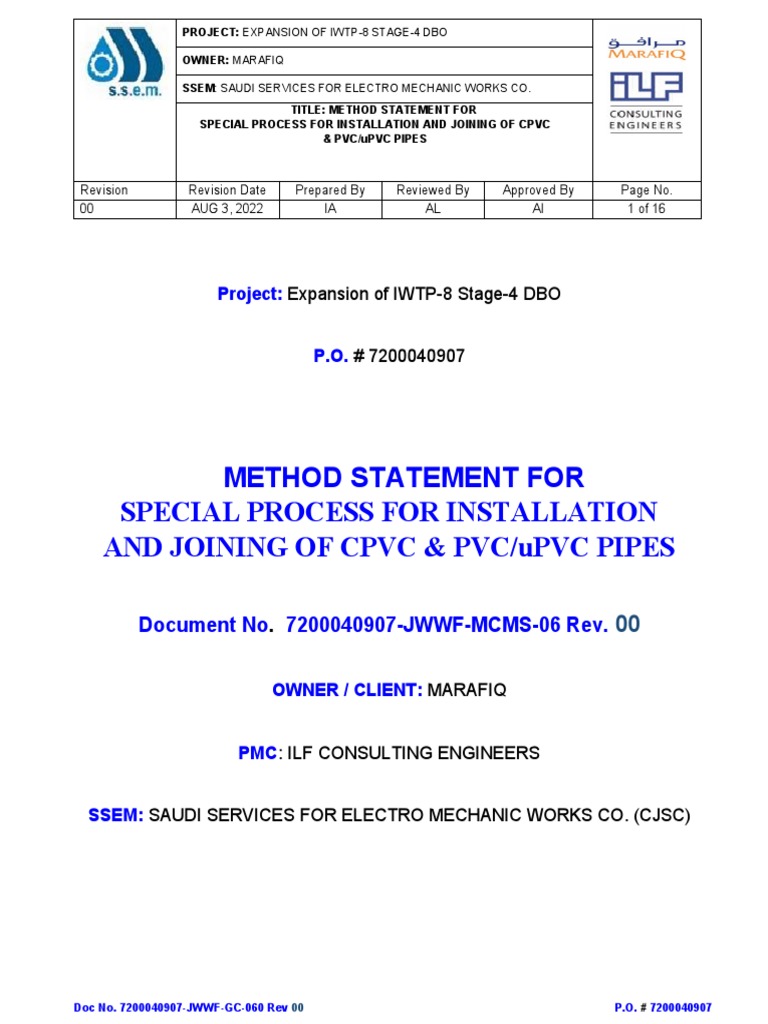 METHOD STATEMENT FOR PVC - Upvc-Cpvc | PDF | Pipe (Fluid Conveyance ...