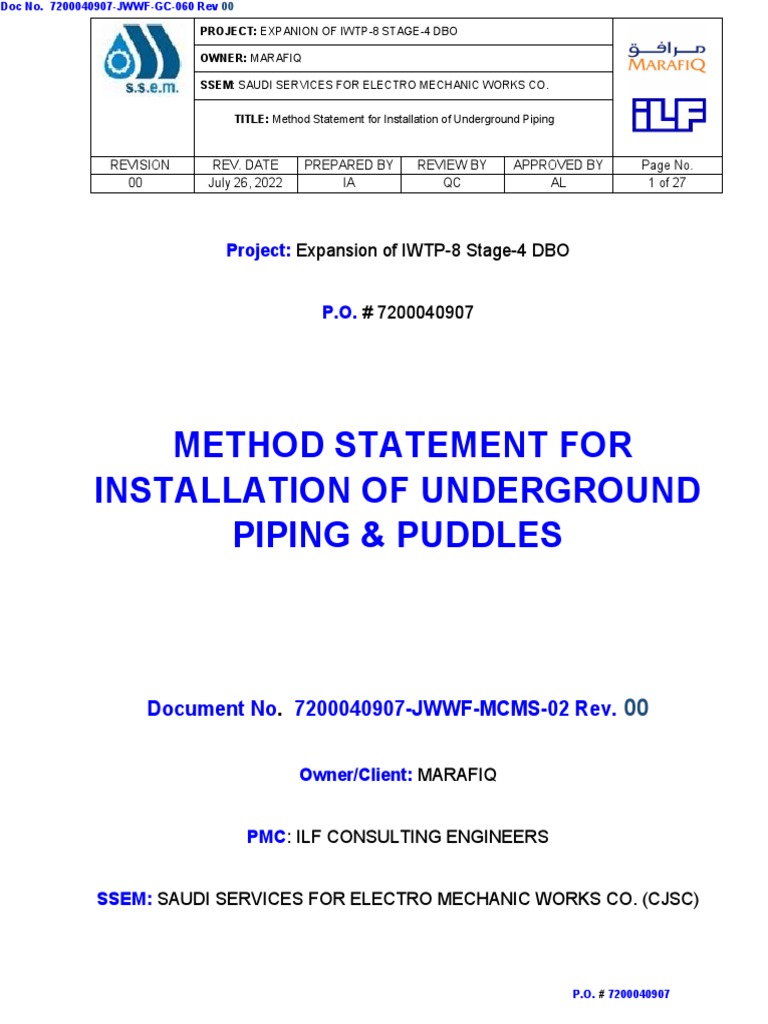 Method Statement For Underground Piping & Puddles Installation | PDF ...