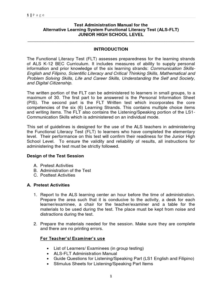Test Administration Manual For The Alternative Learning System ...