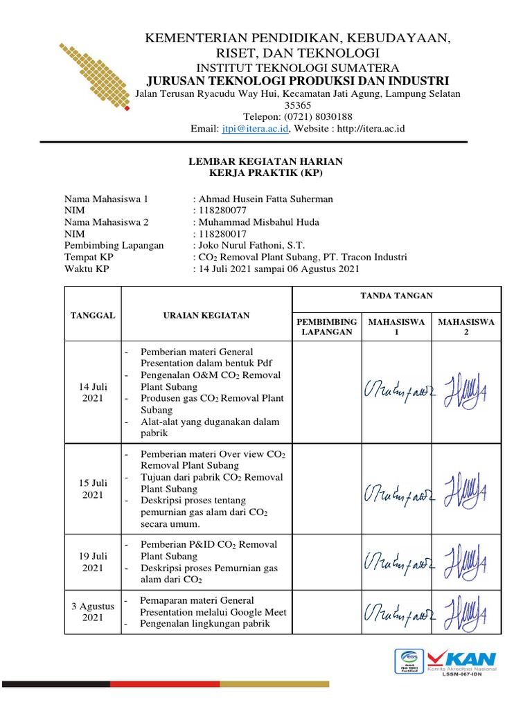 LOGBOOK KP Pembimbing Lapangan | PDF