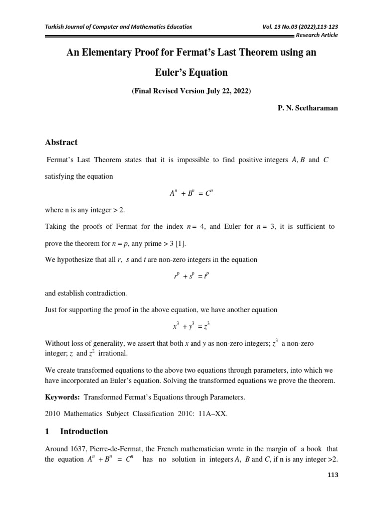 Fermat's Theorem: Elementary Proof | PDF | Fermat's Last Theorem ...