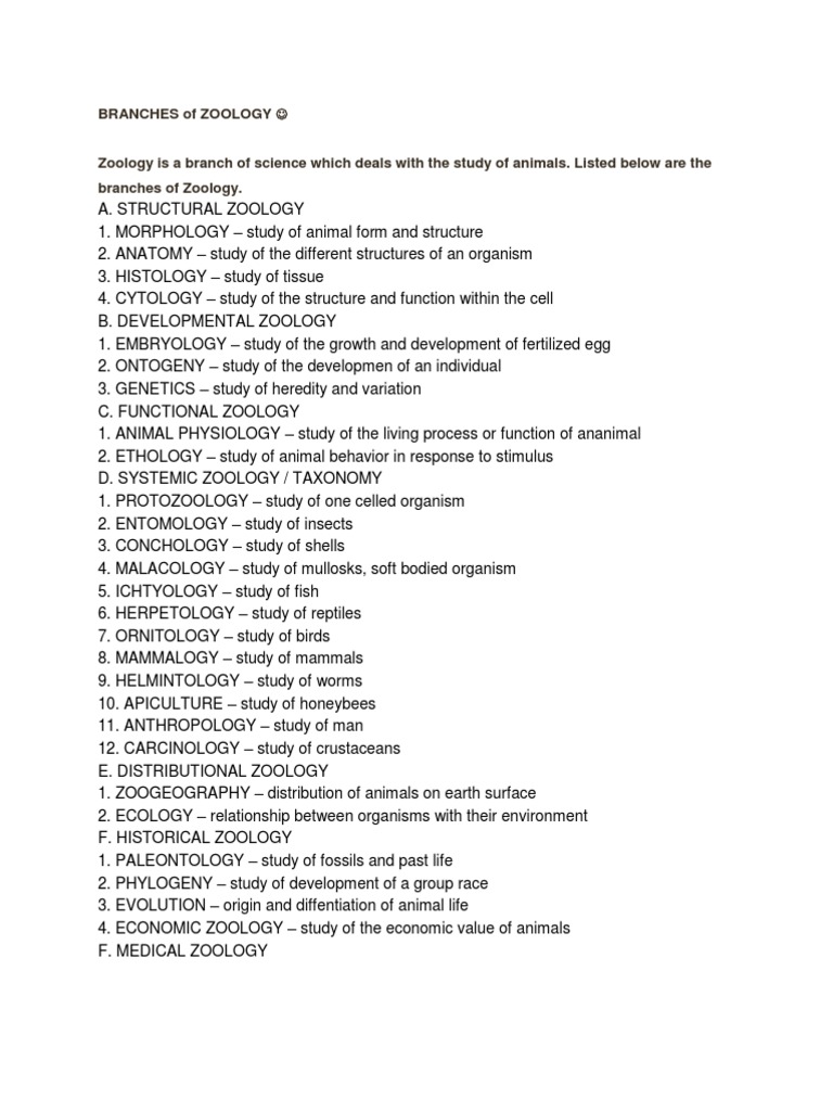 Branches of Zoology | PDF | Zoology | Organisms
