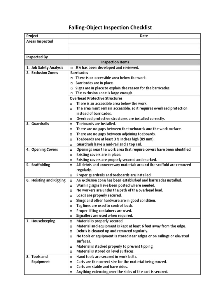 Falling-Object Inspection Checklist | PDF | Equipment | Safety
