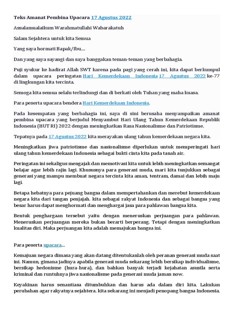 Teks Amanat Pembina Upacara 17 Agustus 2022 | PDF