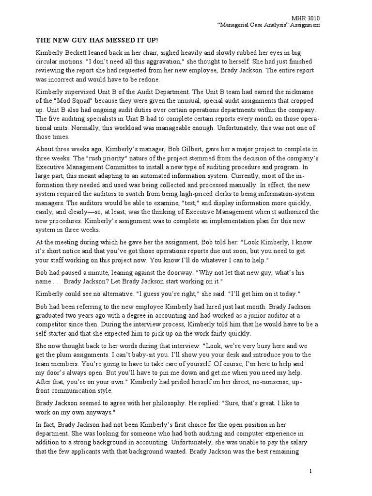 The New Guy Has Messed It Up!: MHR 3010 "Managerial Case Analysis ...