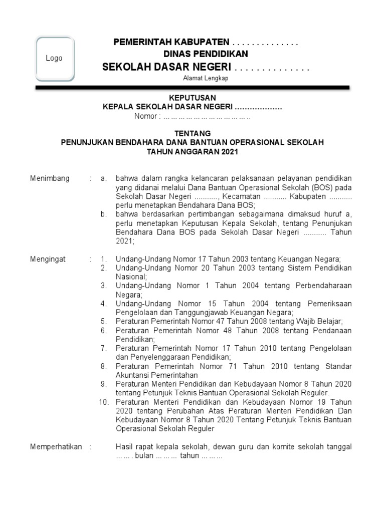 Contoh SK Bendahara BOS 2021 | PDF