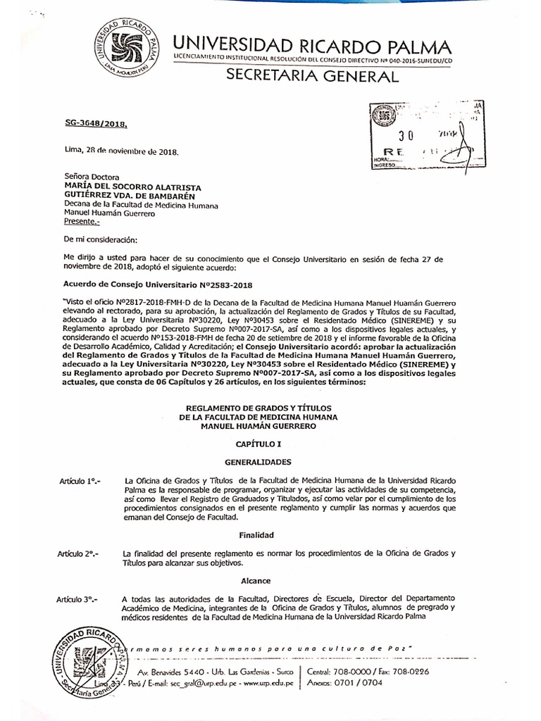 Reglamento de Grados y Titulos de La Facultad de Medicina Humana Manuel Huaman Guerrero | PDF