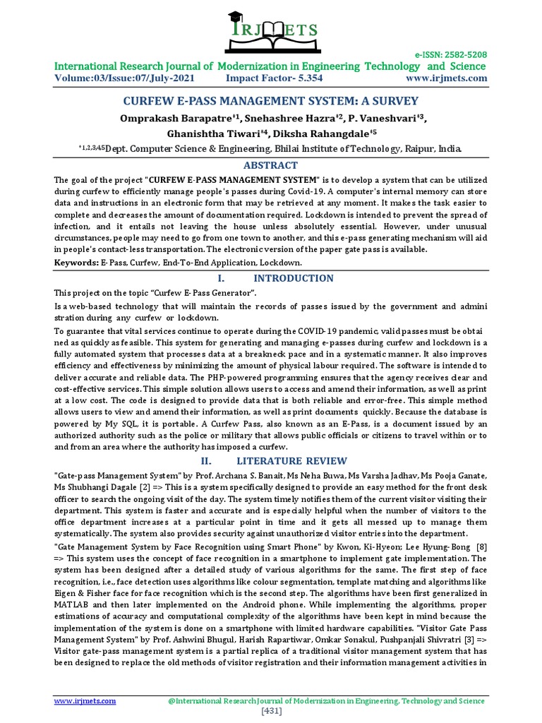Curfew E-Pass Management System: A Survey | PDF | World Wide Web | Internet & Web