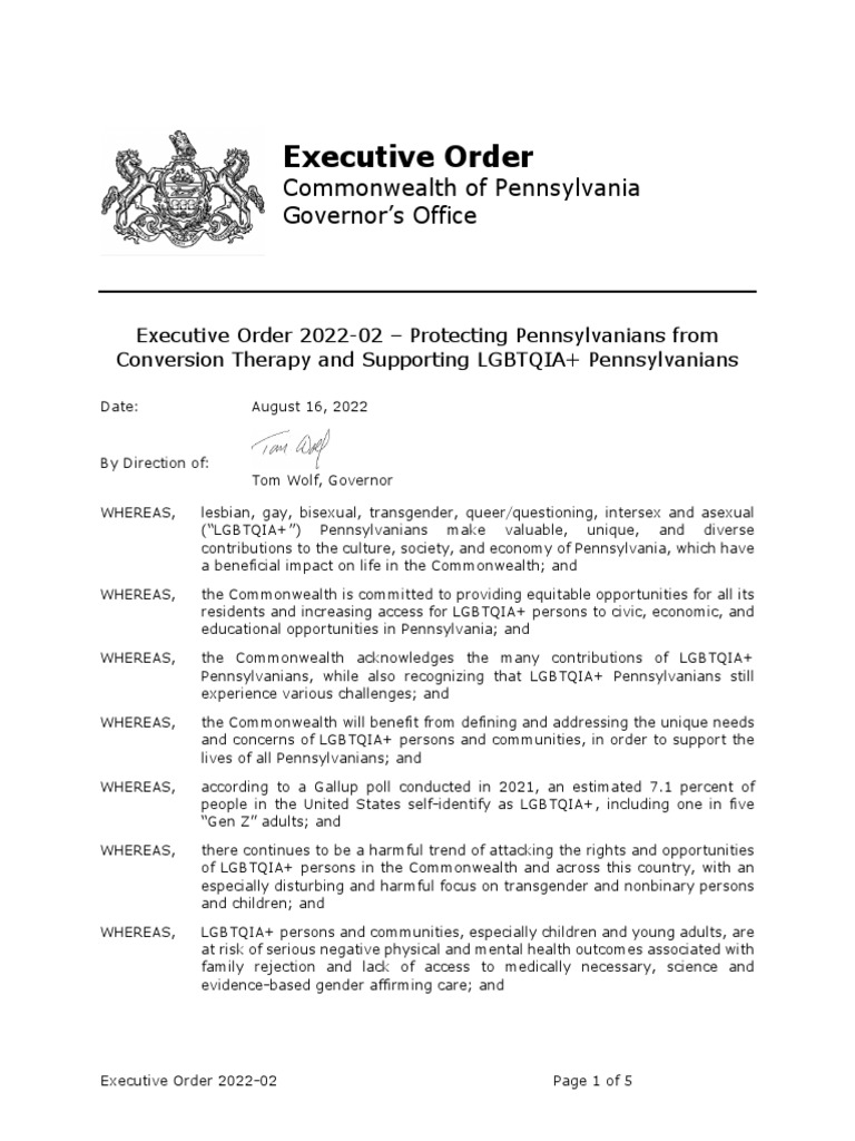 Gov. Tom Wolf's August 16, 2022 Executive Order | PDF | Lgbt | LGBTQIA+ ...