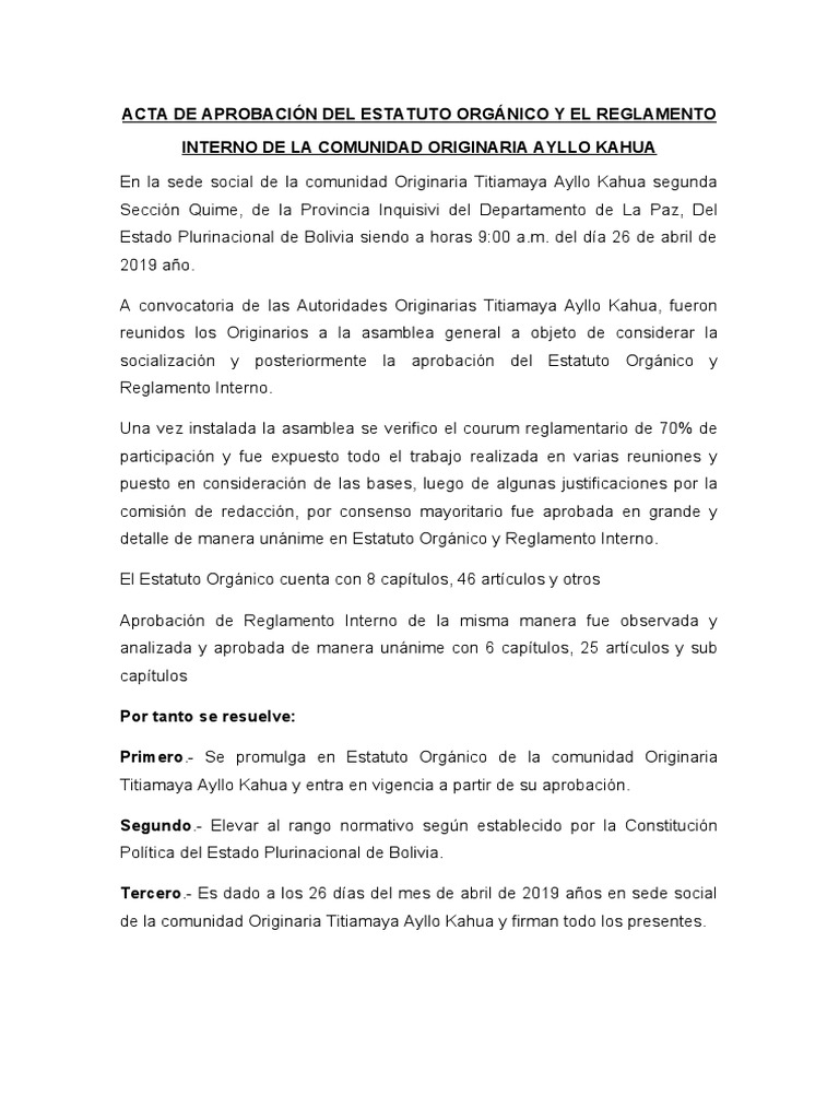 Acta de Aprobación Del Estatuto Orgánico y El Reglamento Interno de La ...