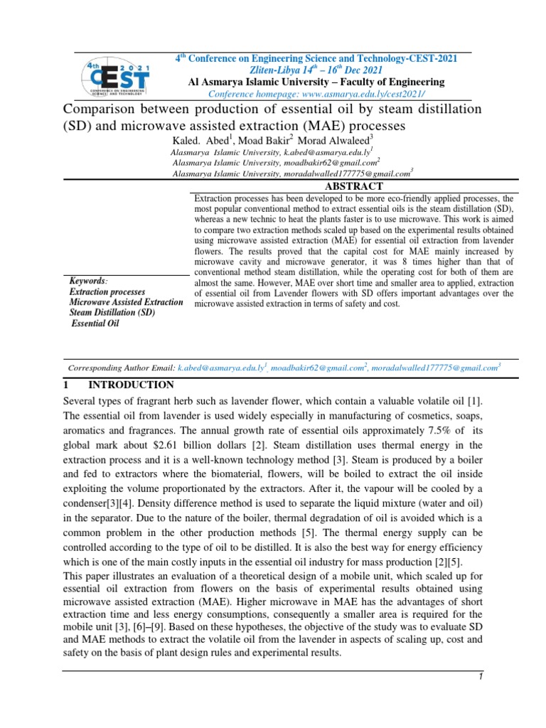 Comparison Between Production of Essential Oil by Steam Distillation (SD) and Microwave Assisted ...