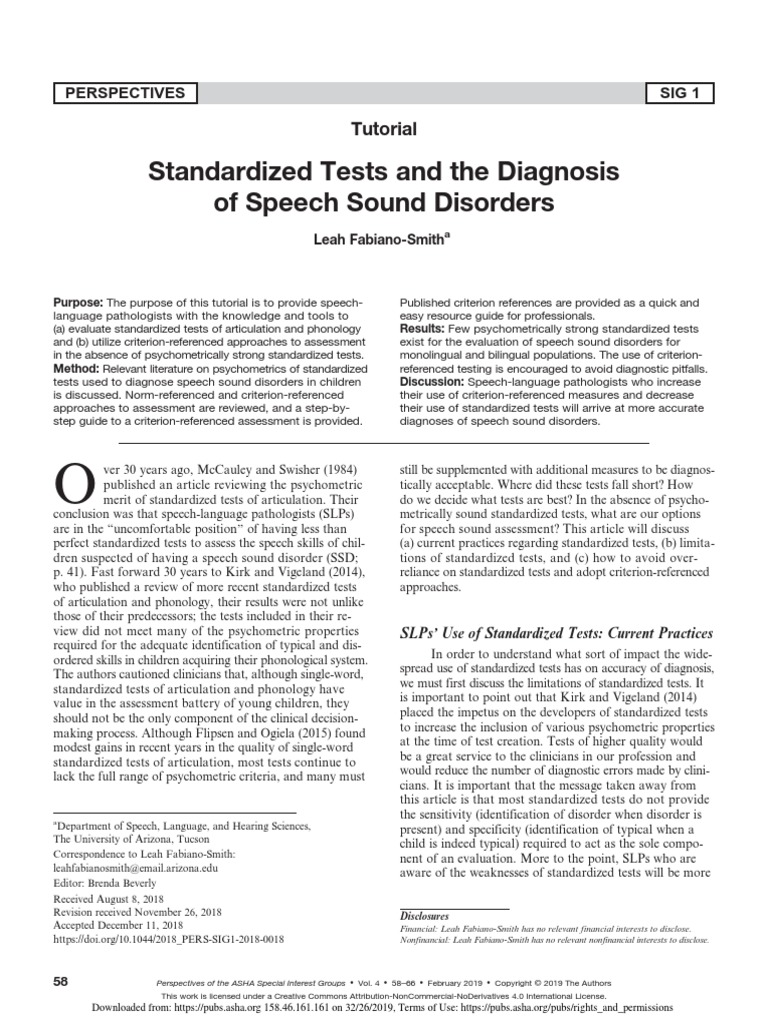 Standardized Tests and The Diagnosis of Speech Sound Disorders | PDF ...