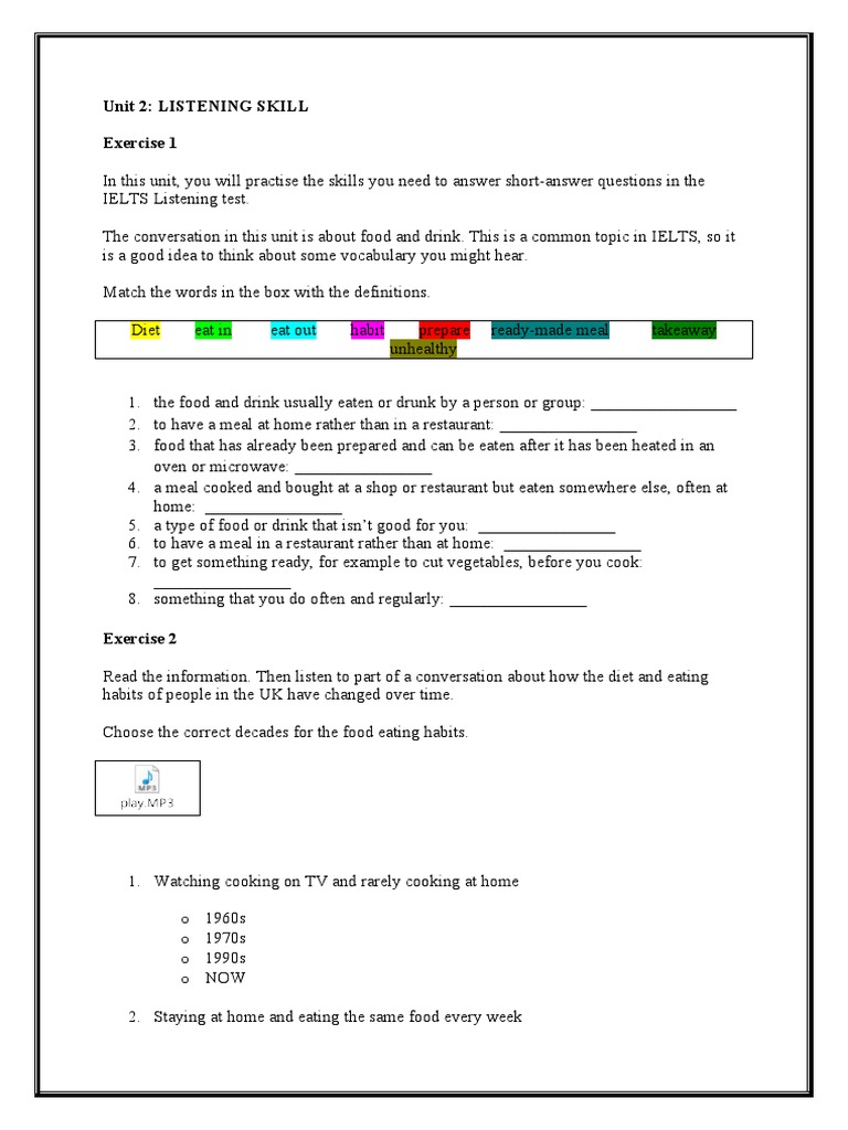 Unit 2: Listening Skill Exercise 1 | PDF | Meal | Foods