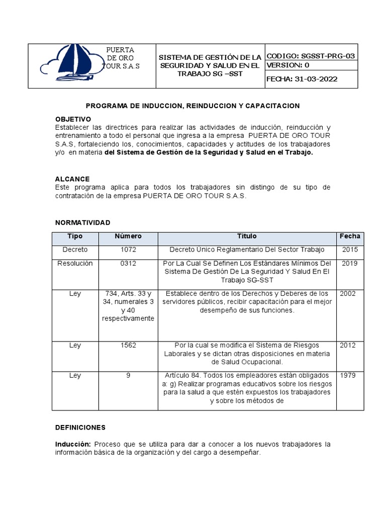 SG-SST-PRG-03 Programa Induccion, Reinduccion y Capacitacion | PDF | Seguridad y salud ...