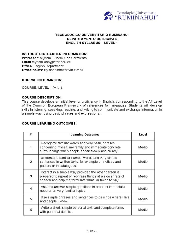 English Level 1 Syllabus A1.1 | PDF | Verb | Grammatical Number