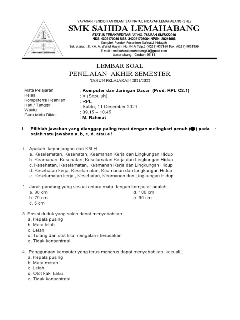Soal Ujian Komputer SMK Sahida | PDF | Komputer