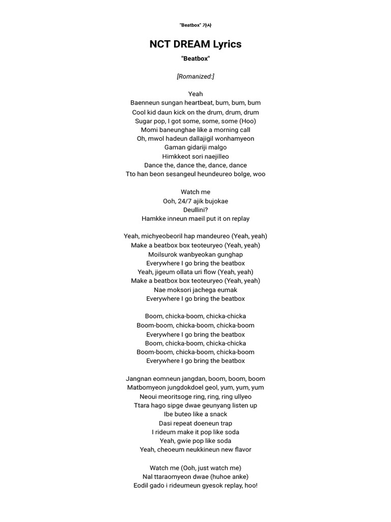 NCT DREAM - - Beatbox - 가사 - Lyrics at | PDF | Songs Written