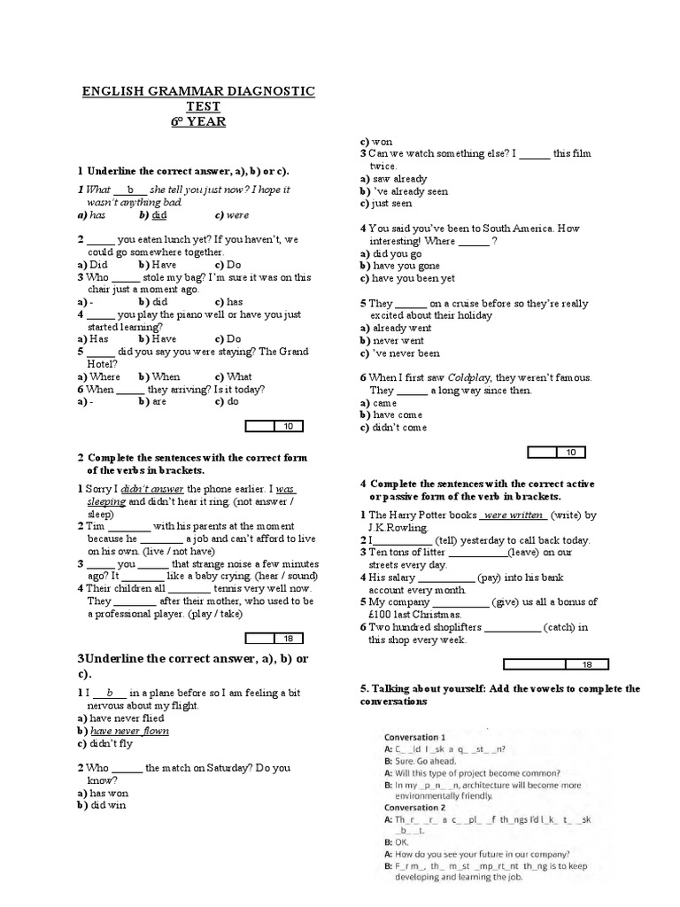 Grammar Diagnostic Test 6° Year | PDF