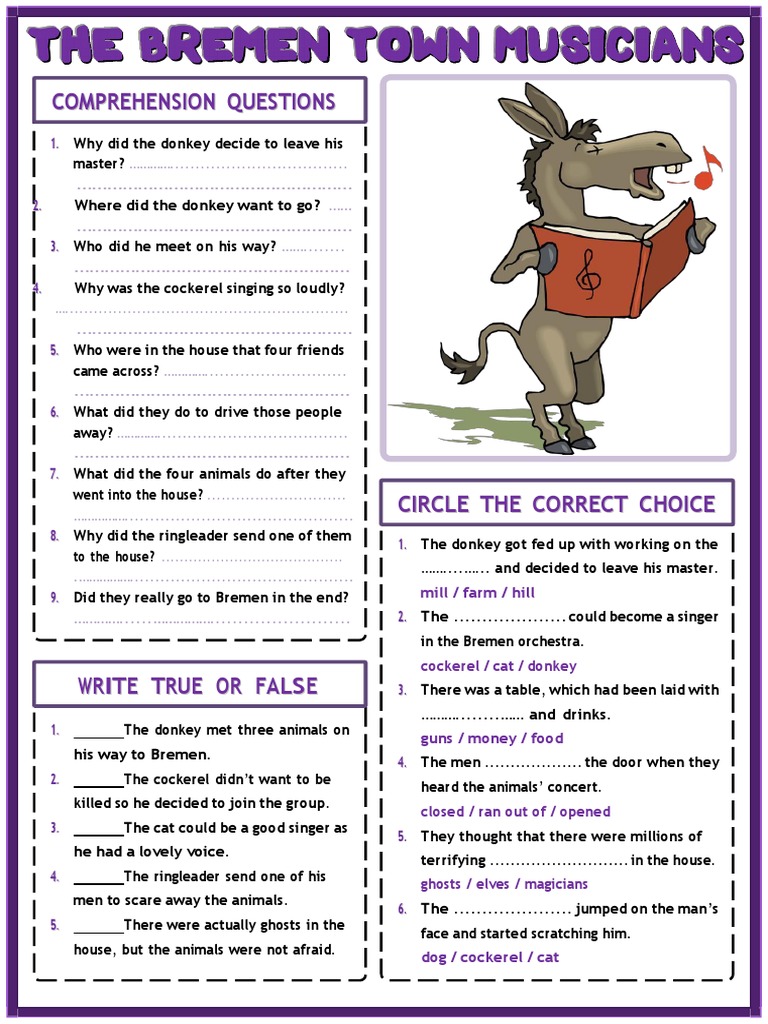 The Bremen Town Musicians Esl Printable Reading Comprehension Questions ...
