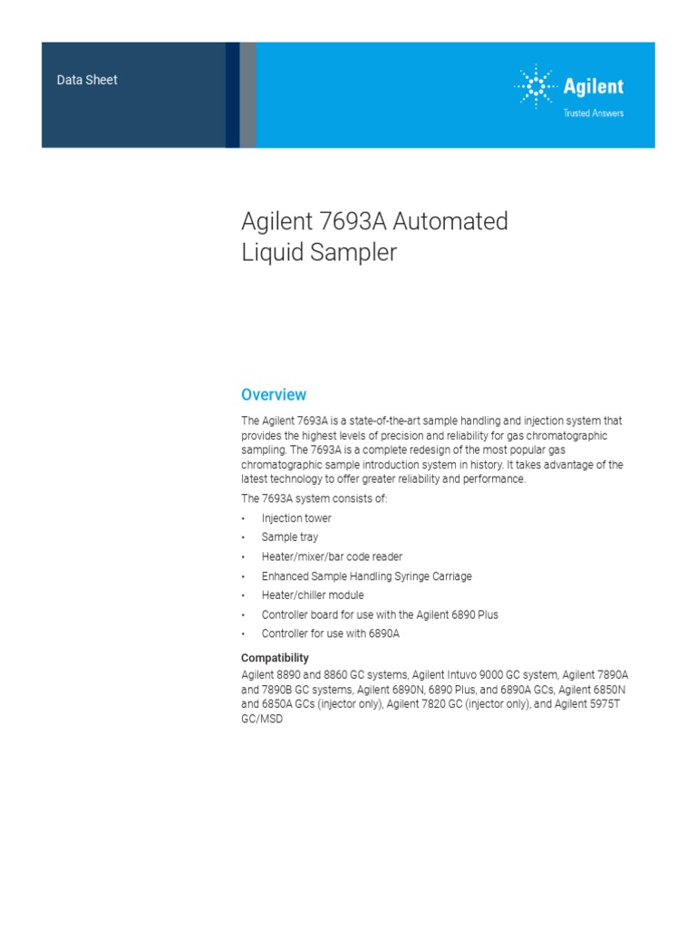 Agilent 7693A Automated Liquid Sampler: Data Sheet | PDF | Syringe ...