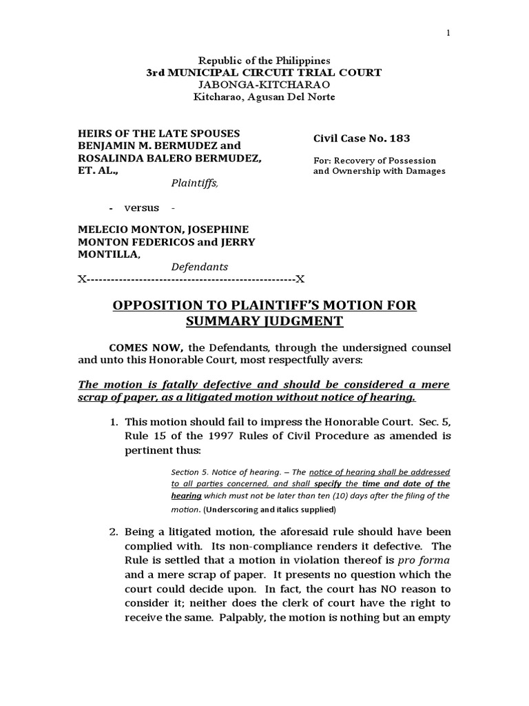 Opposition To Motion For Summary Judgment CBR | PDF | Pleading | Summary Judgment