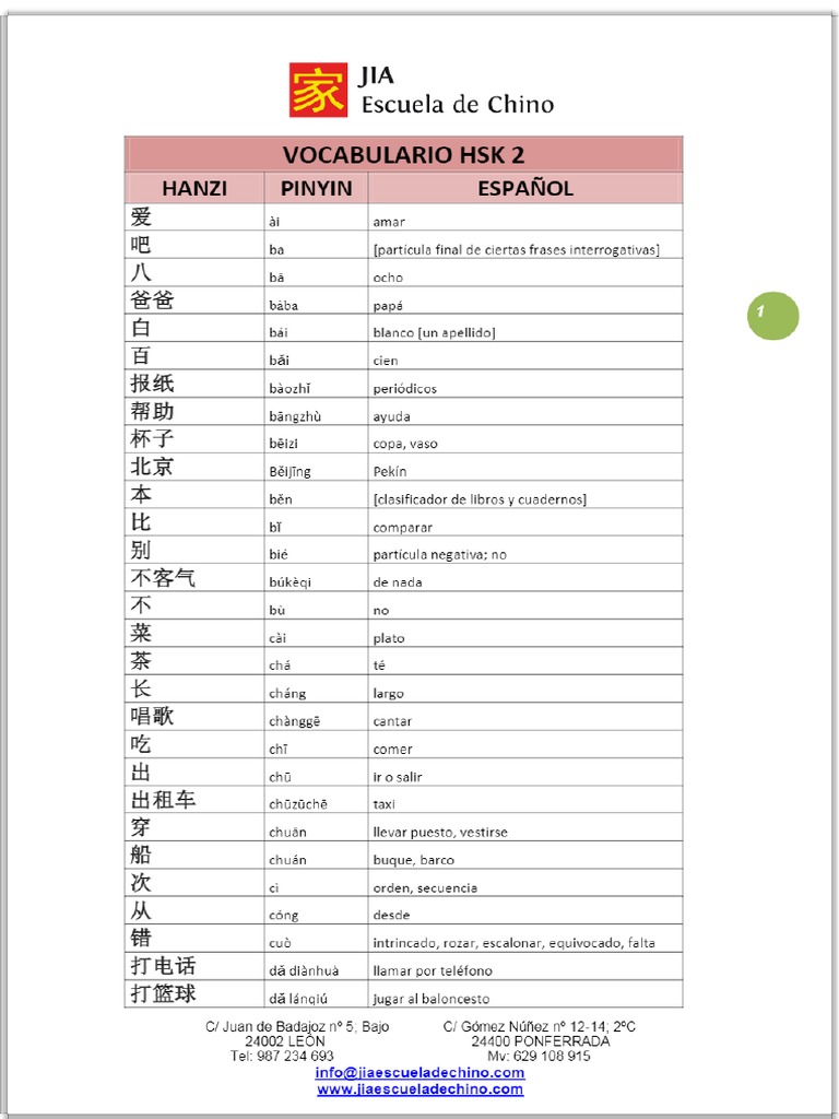 VOCABULARIO HSK 2 HANZI PINYIN ESPAÑOL - PDF Free Download | PDF