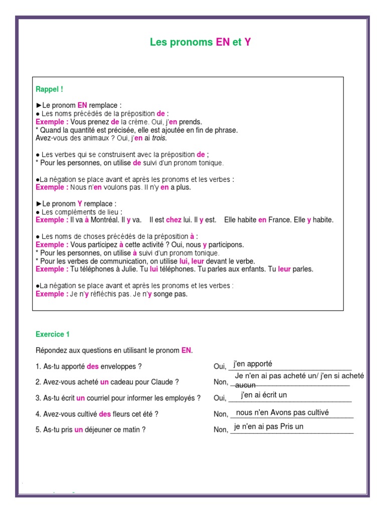 Les pronoms EN et Y en français | PDF | Pronom | Typologie linguistique