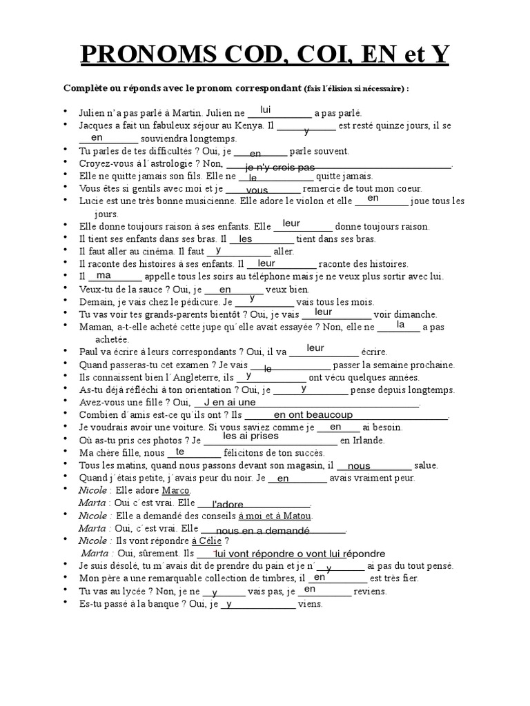 Exercices sur les pronoms COD et COI | PDF