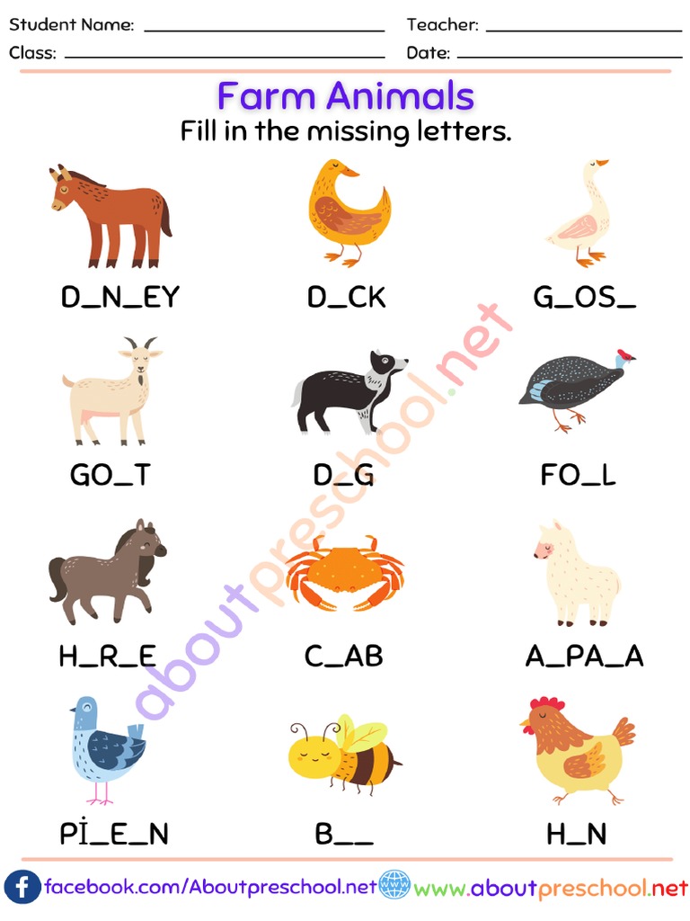 Missing Letters Worksheets Farm Animals 1 | PDF