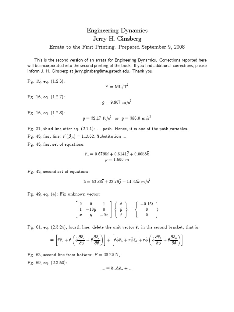 7094 - Errata Ginsberg Eng Dynamics v2 | PDF | Trigonometric Functions ...