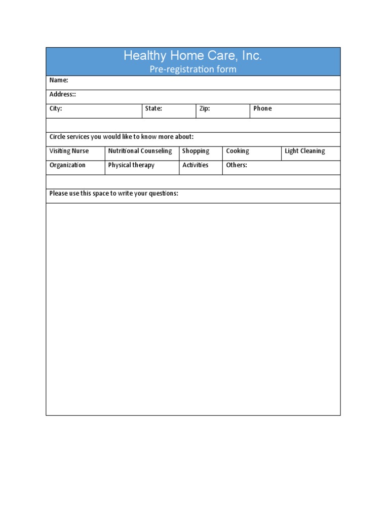 Healthy Home Care Inc Pre-Registration Form | PDF