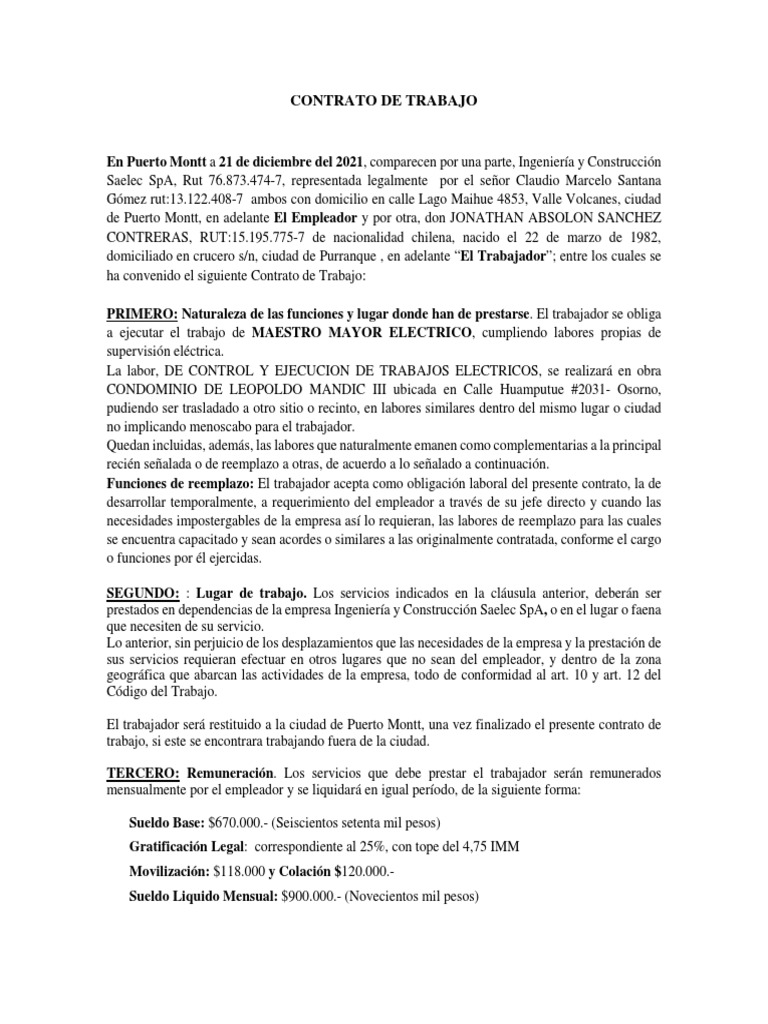 Contrato de Trabajo - Jonathan Sanchez - 21.12.2021 | PDF | Salario ...