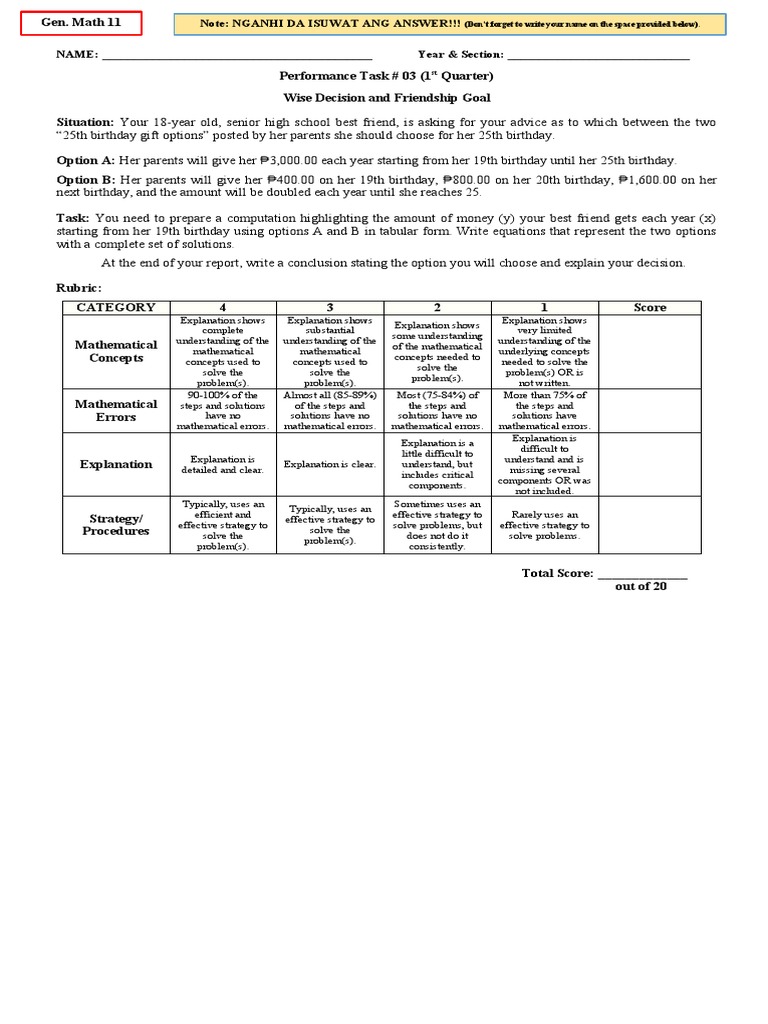 GRADE 11 Performance Task 3 | PDF | Mathematics | Applied Mathematics