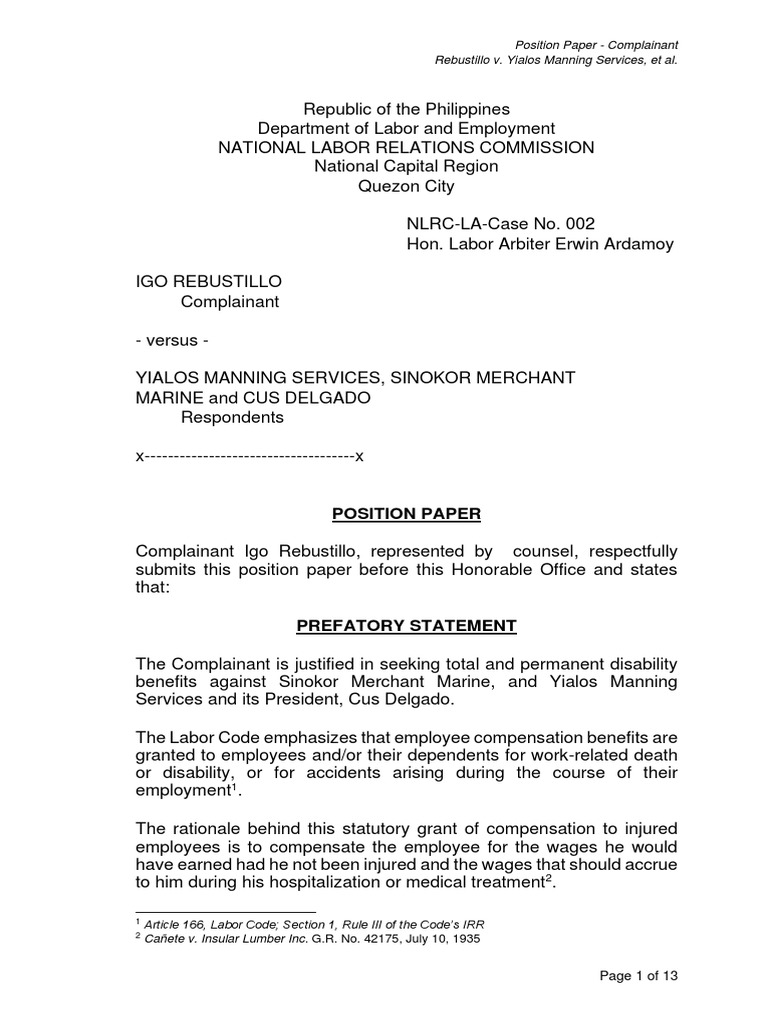 SAMPLE AMENDED-POSITION-PAPER-COMPLAINANT-REBUSTILLO-v.-YIALOS-MANNING ...