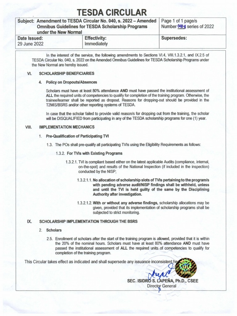TESDA Circular No. 040-A-2022 | PDF | Justice | Crime & Violence