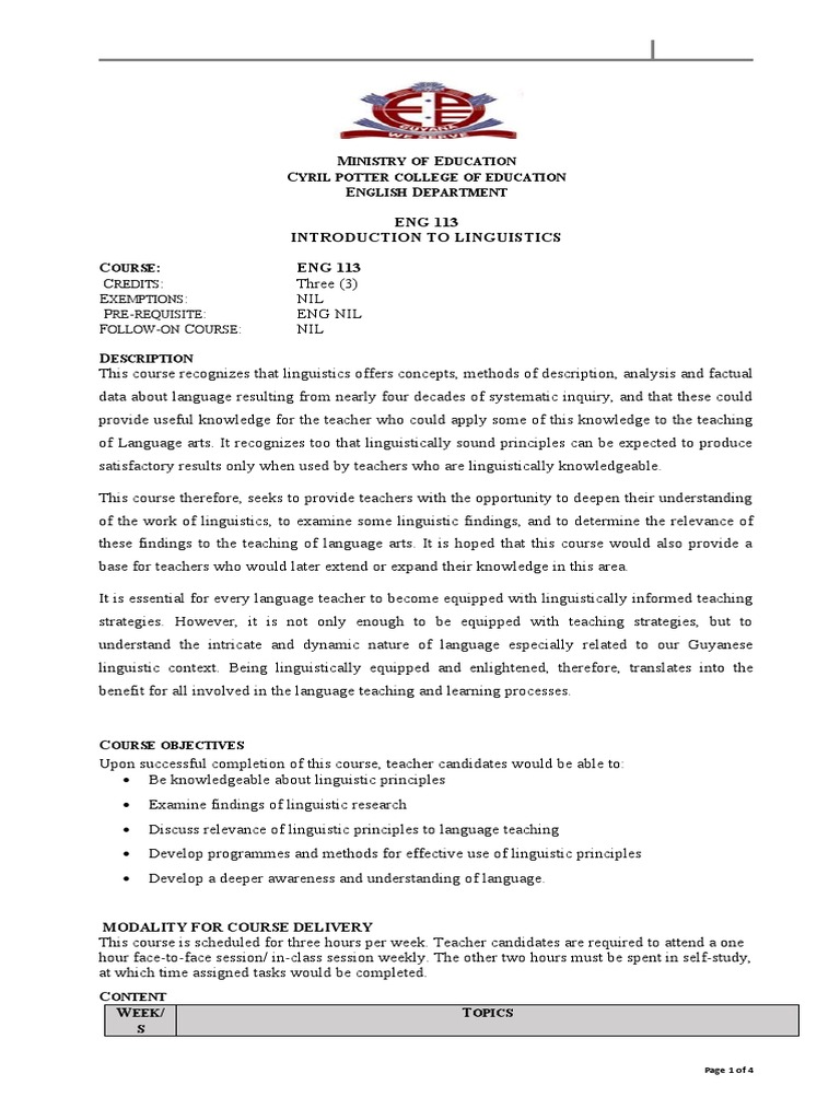 Eng 113 Linguistics Course Outline | PDF | Linguistics | Phonology