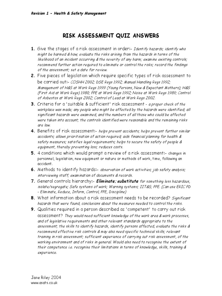RISK ASSESSMENT QUIZ ANSWERS (Confer) | PDF | Risk | Risk Assessment