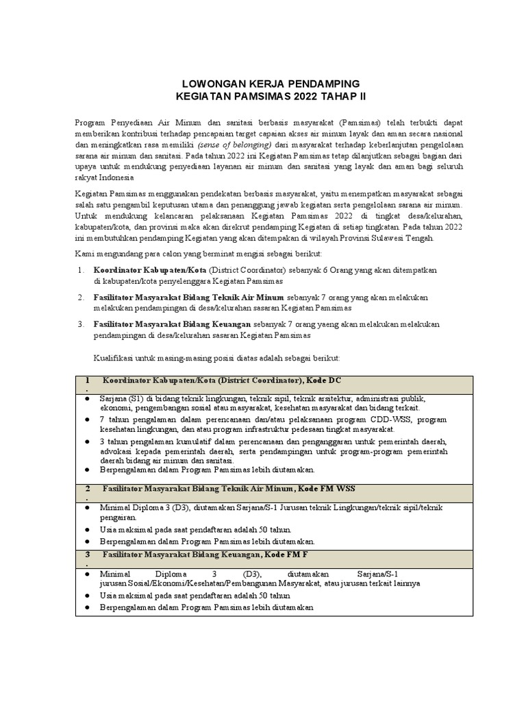 LOWONGAN KERJA PENDAMPING KEGIATAN PAMSIMAS 2022 Thap II | PDF