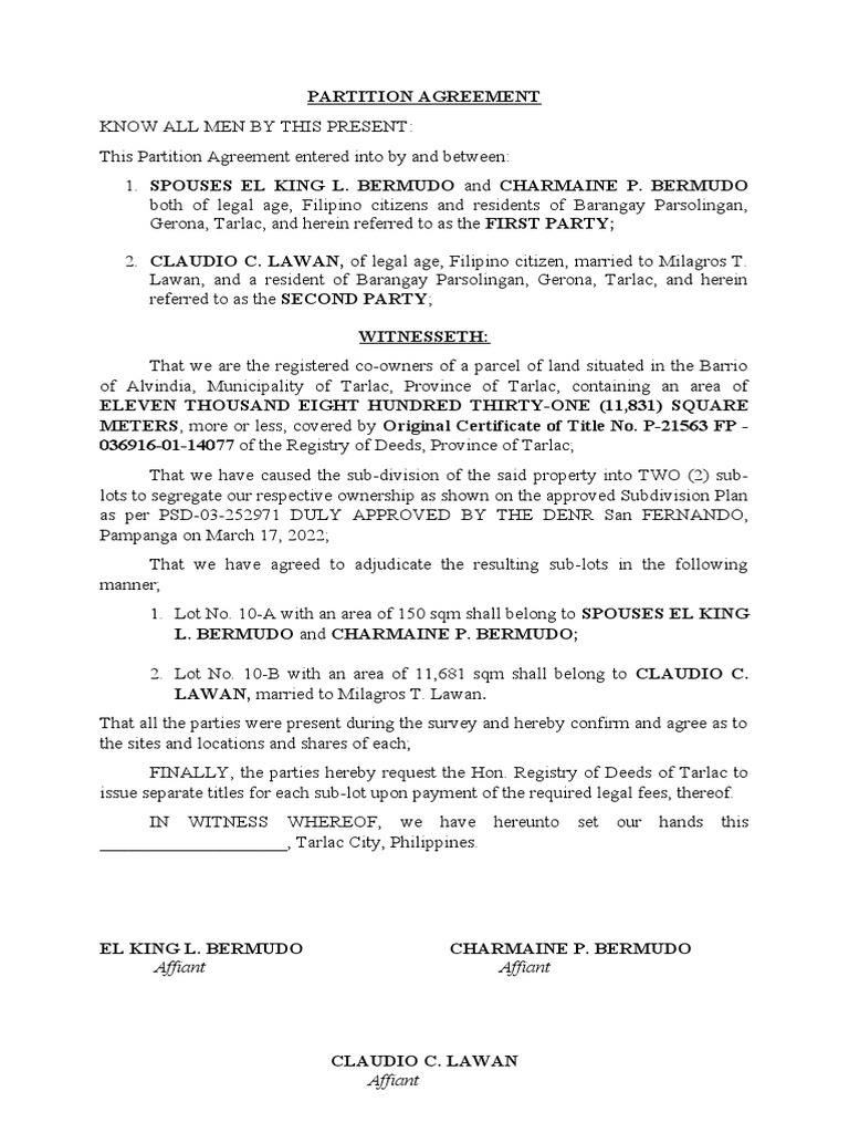 Partition Agreement for Tarlac Property | PDF | Natural Resources Law ...