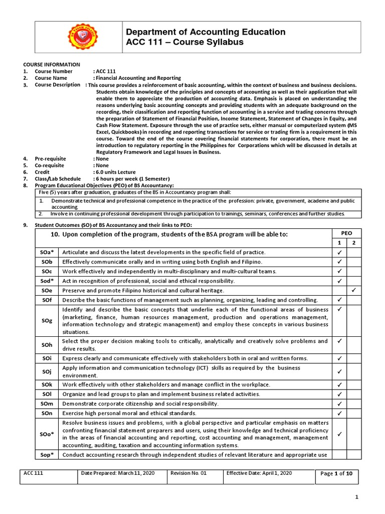 Department of Accounting Education ACC 111 - Course Syllabus | PDF ...