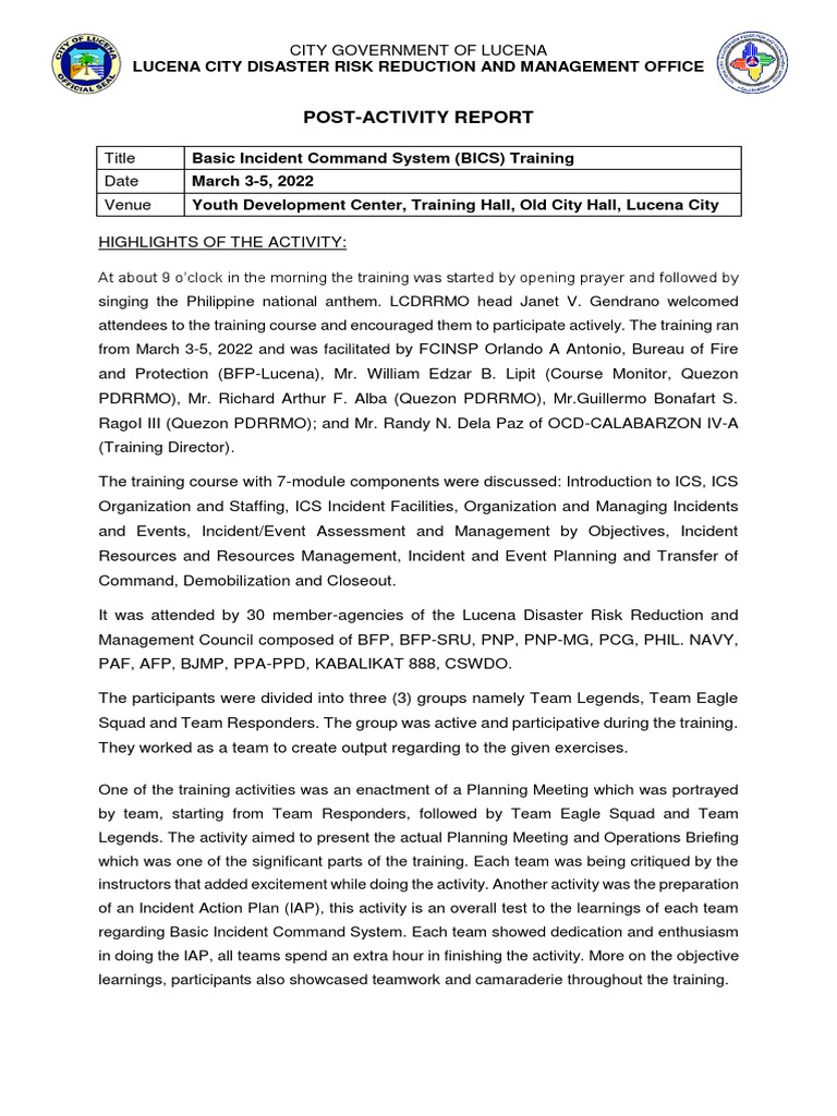 Bics Post Activity Report 2022 | PDF | Incident Command System | Safety