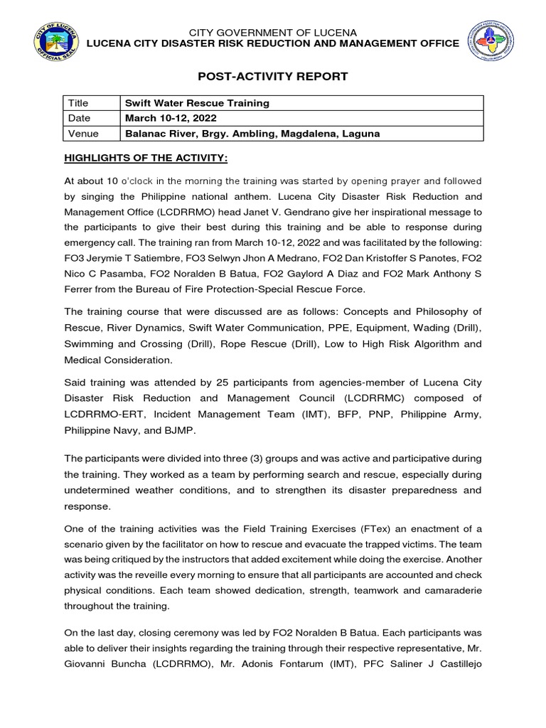 Swift Water Rescue Post Activity Report 2022 | PDF | Emergency ...