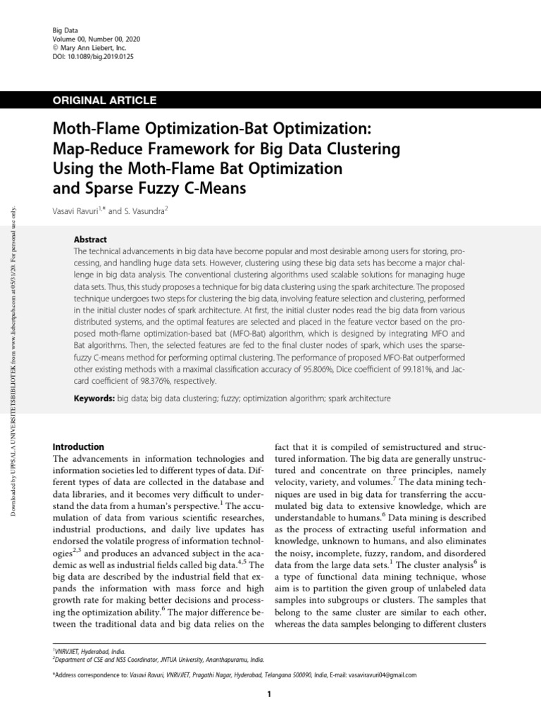 Moth Flame Optimization Bat Optimization Map Reduce Framework For Big Data Clustering Using The 