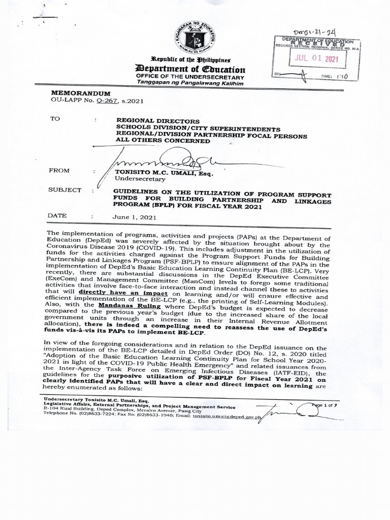 Deped Memo No. 267 S. 2021 | PDF