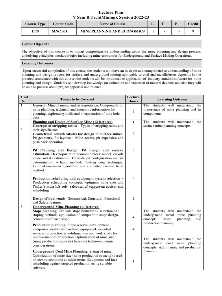 Lecture Plan V Sem B.Tech (Mining), Session 2022-23: Course Objective ...
