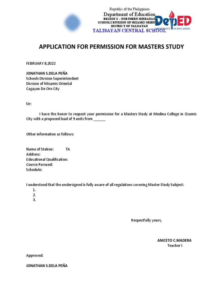 Application For Permission For Masters Study | PDF | Philippines