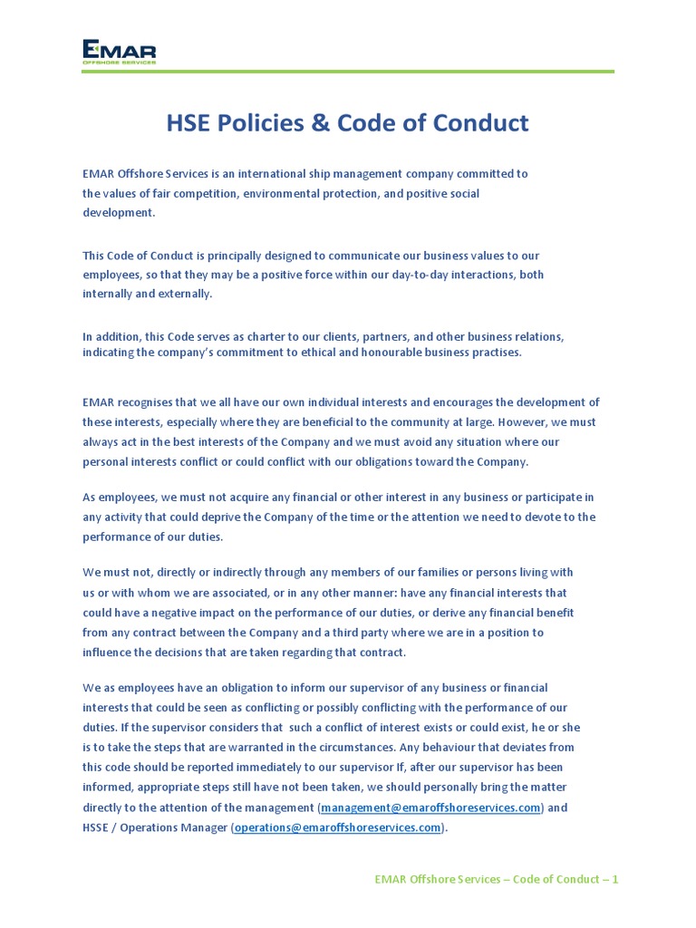EMAR Code of Conduct 2019 | PDF | Occupational Safety And Health ...